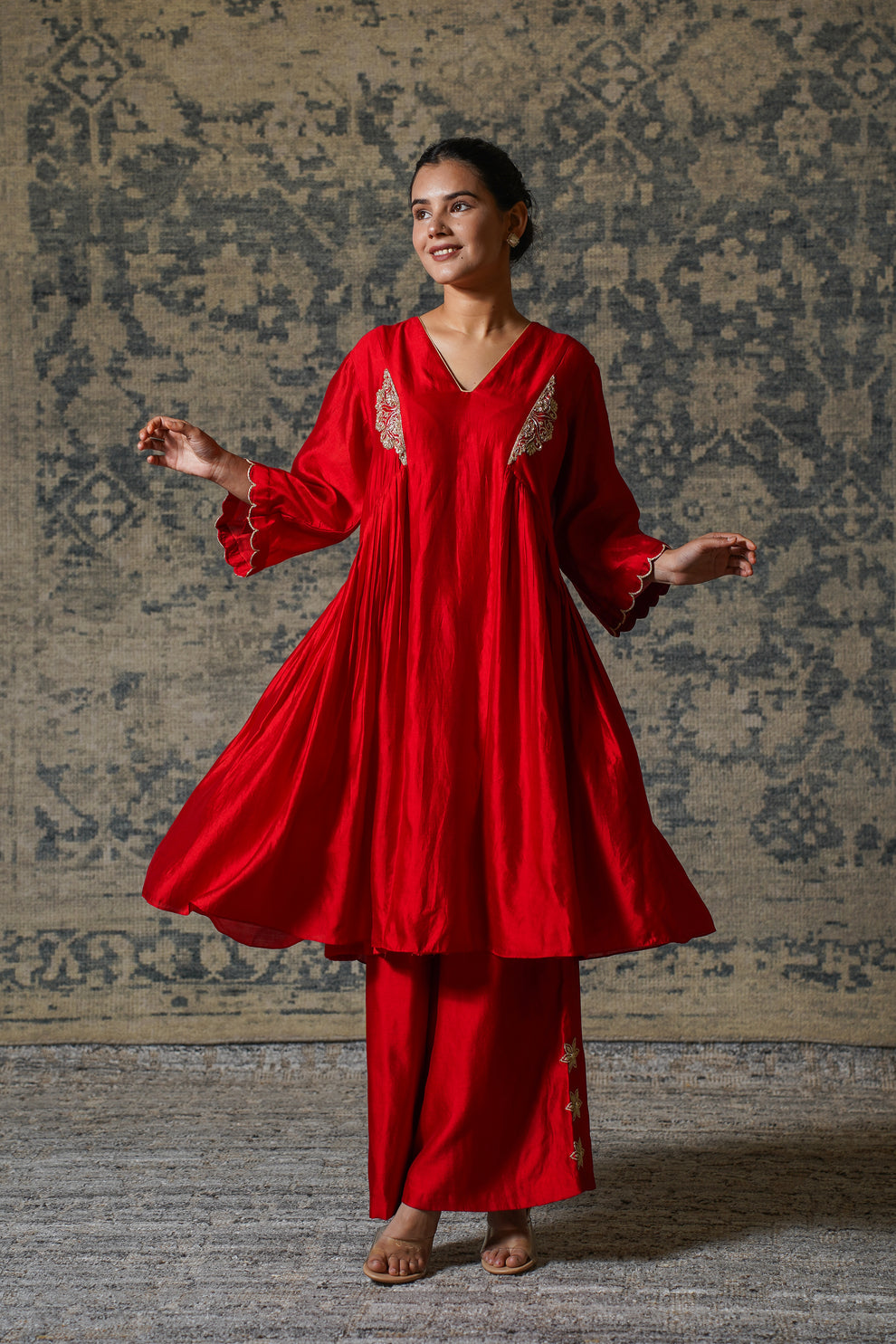 Noor Red Gather Kurta Set – Eeda